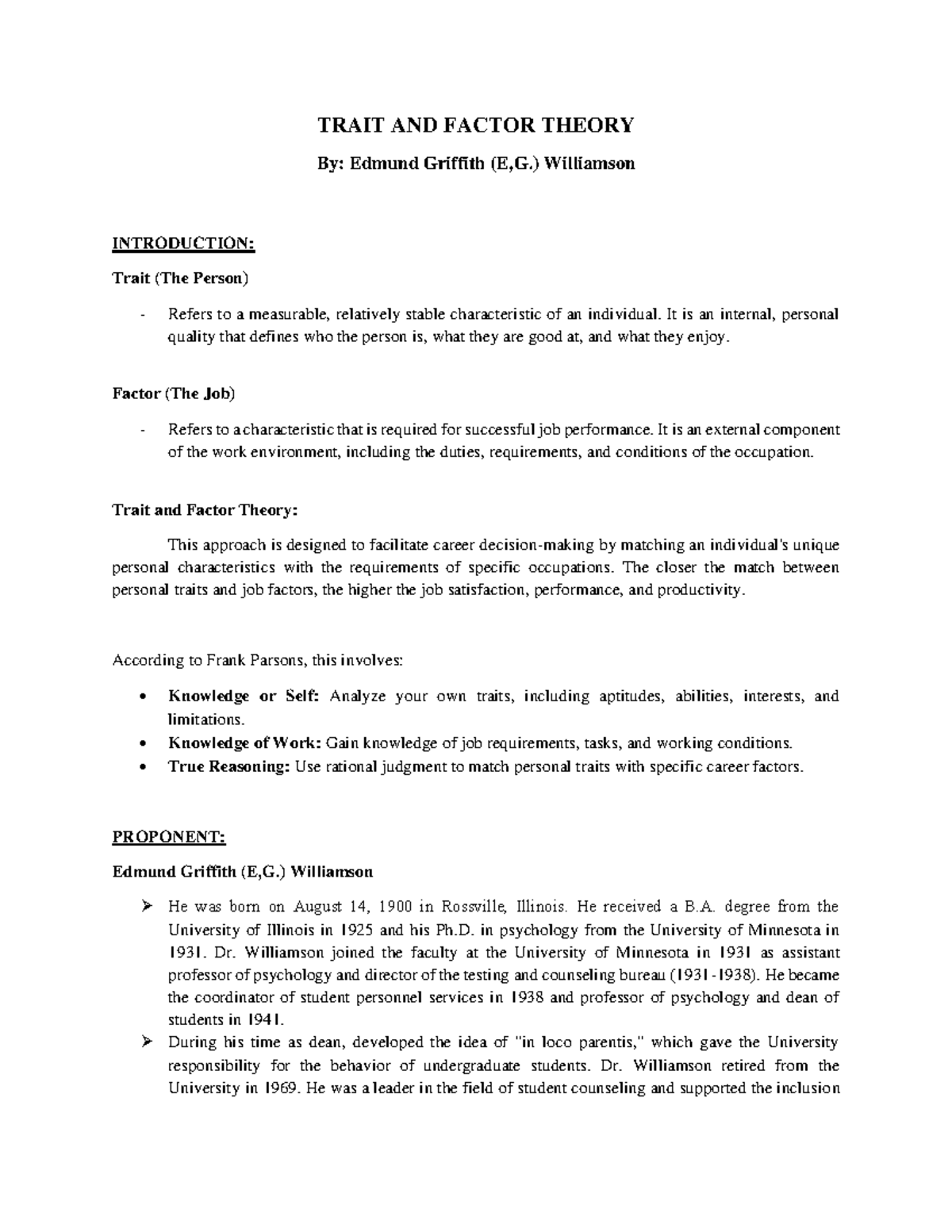 TRAIT AND FACTOR THEORY: Insights from E.G. Williamson's Work - Studocu