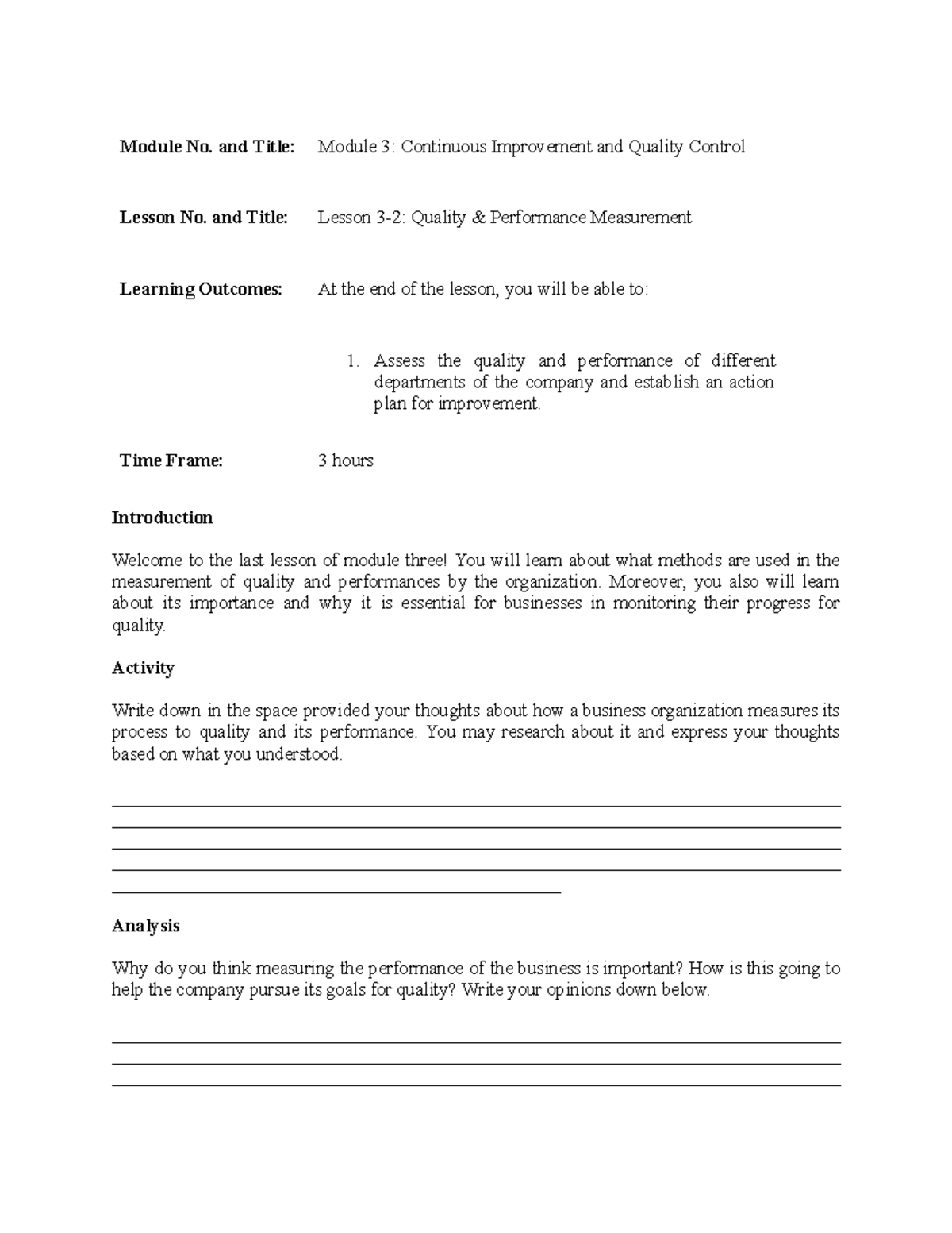 Module 3 Lesson 2: Quality & Performance Measurement in Business - Studocu