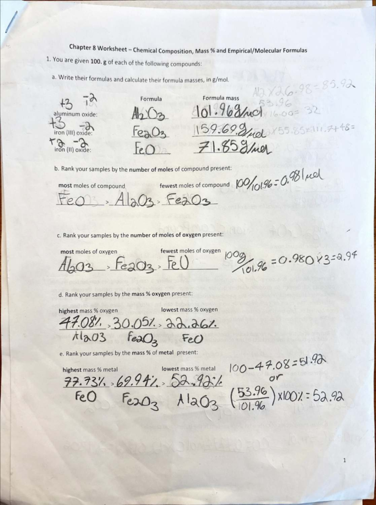 Chapter 8 Worksheet: Chemical Composition, Mass & Formulas - Studocu