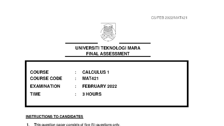 MAT421 Final Assessment: Calculus 1 Exam February 2022 - Studocu