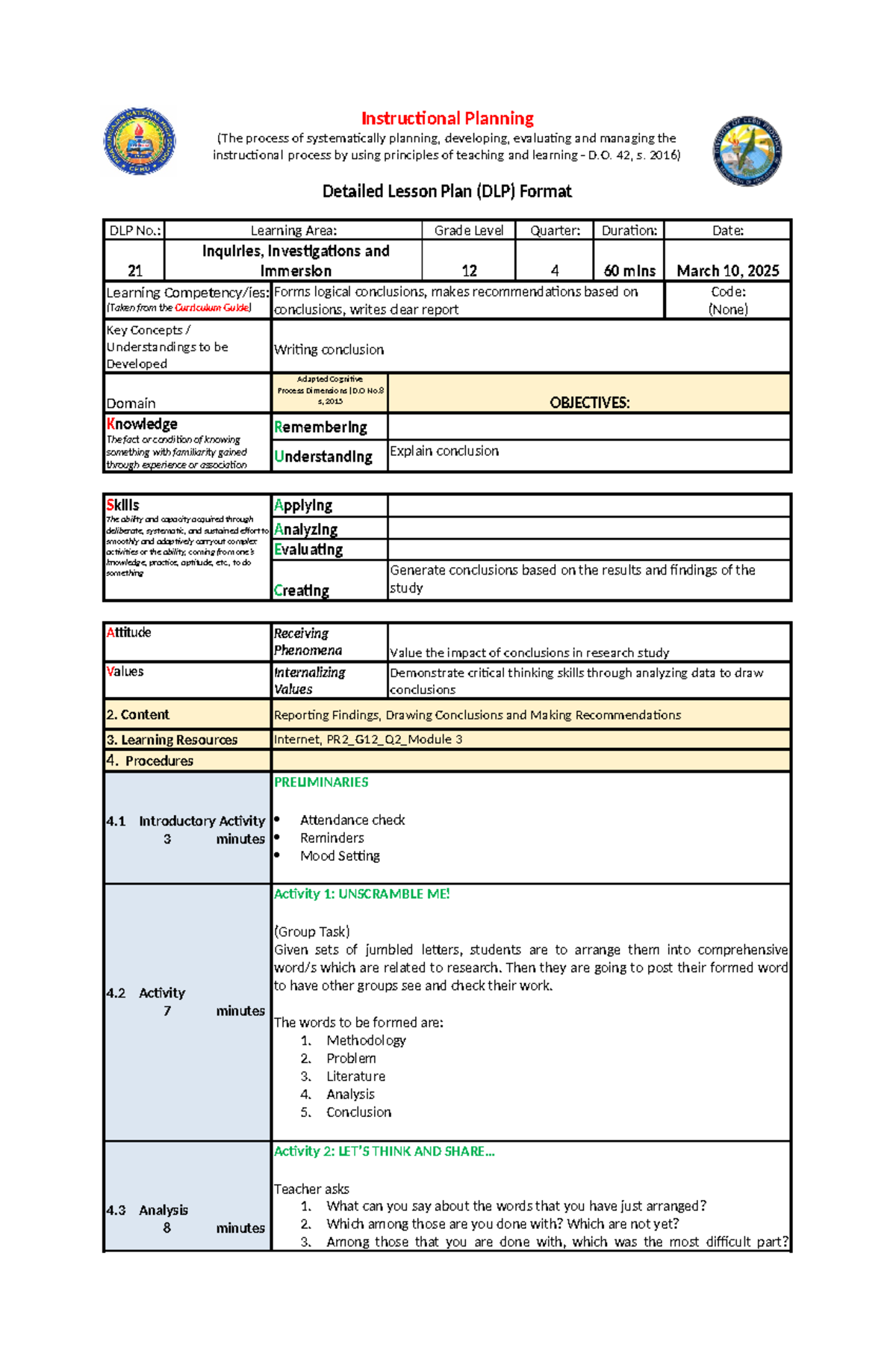 Lesson Plan in Inquiry, Investigation and Immersion - Instructional Planning (The process of ...
