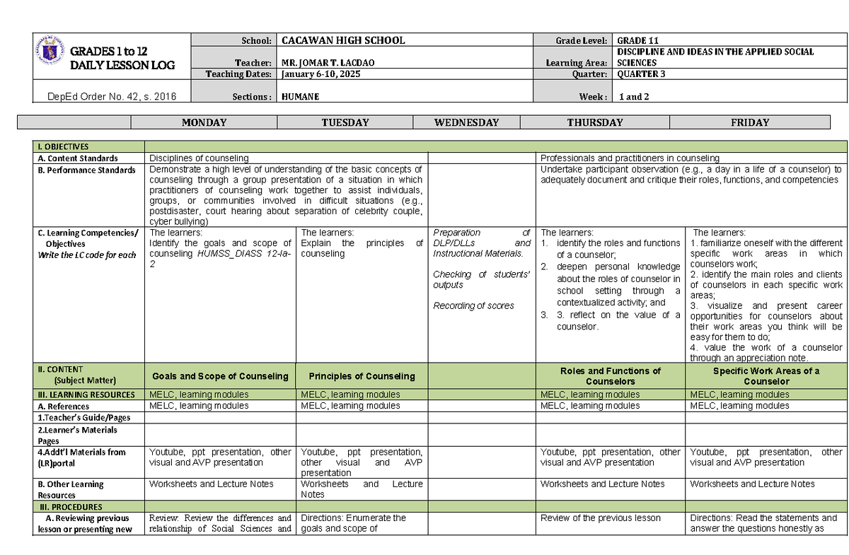 HUMSS_DIASS GRADE 11 Daily Lesson Log: Counseling Roles & Functions ...
