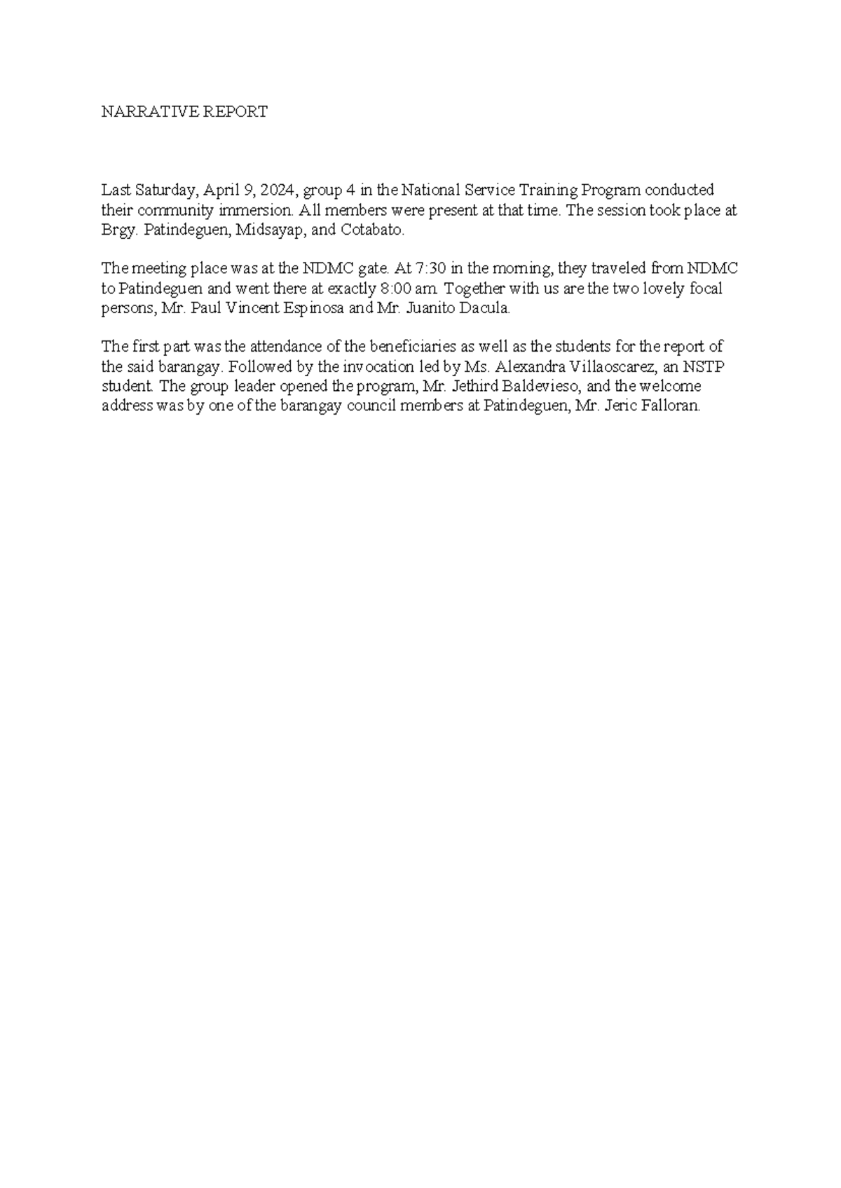 NSTP Community Immersion Narrative Report - Group 4 Activities - Studocu