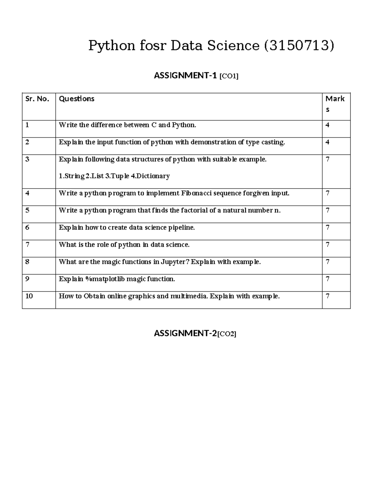 8. Assignments - Refer - Python fosr Data Science (3150713) ASSIGNMENT-1 [CO1] Sr. No. Questions ...