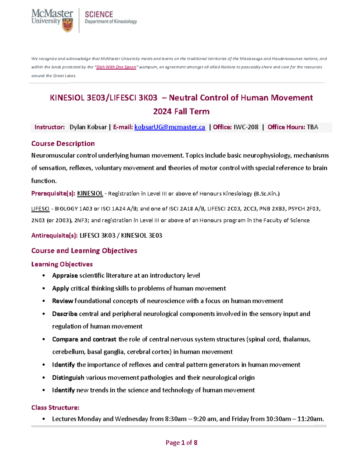 KINESIOL 3K03 - Neutral Control of Human Movement Overview - Fall 2024 ...