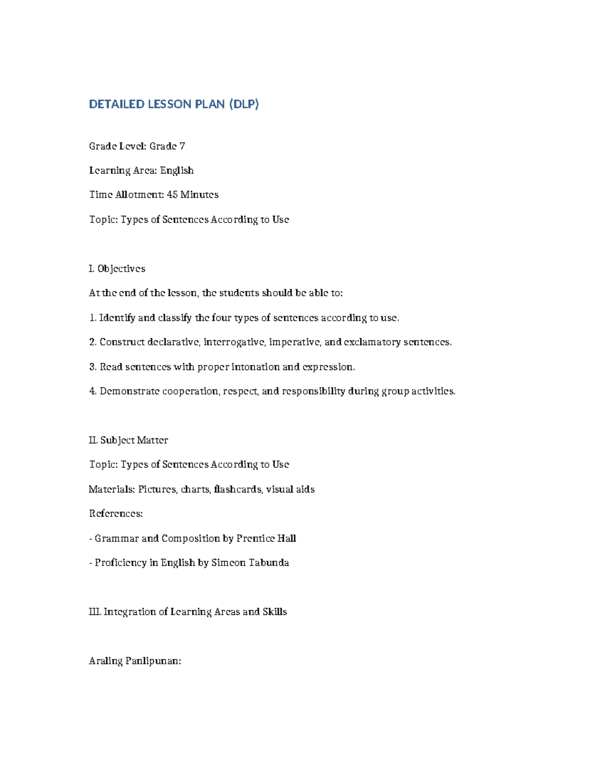 Grade 7 English DLP: Exploring Types of Sentences - Studocu