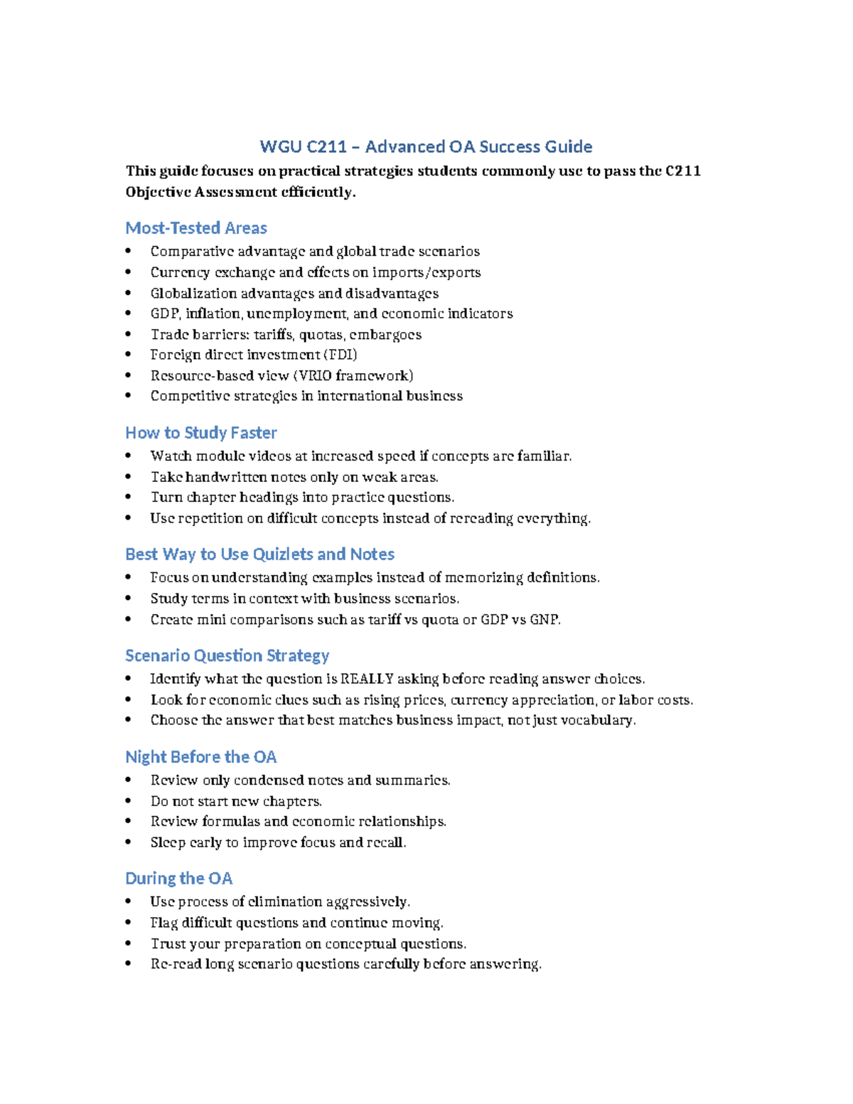 WGU C211 Advanced OA Study Tips and Strategies Guide - Studocu