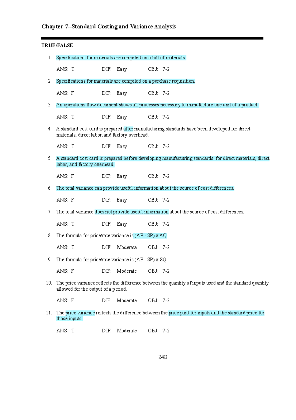 Chapter 7 Test Bank: Standard Costing & Variance Analysis - Studocu