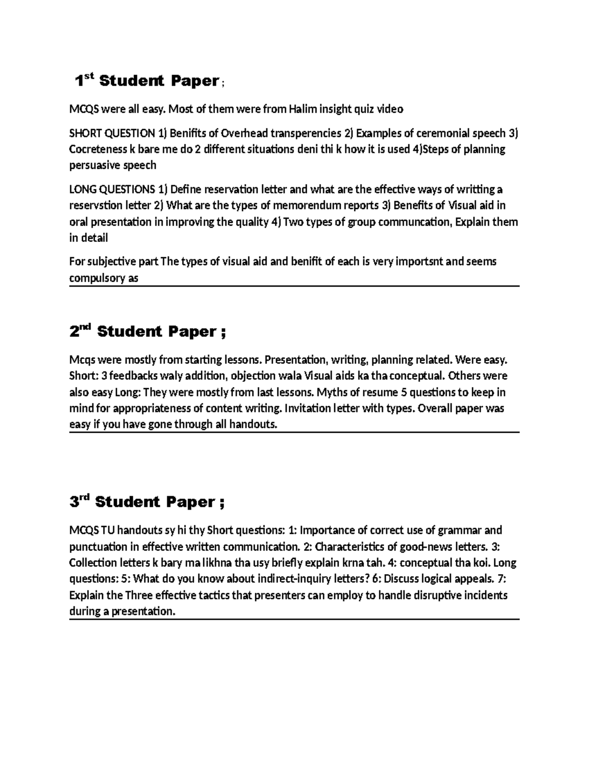1st Student Paper MCQs & Short/Long Questions Overview - PPR - Studocu
