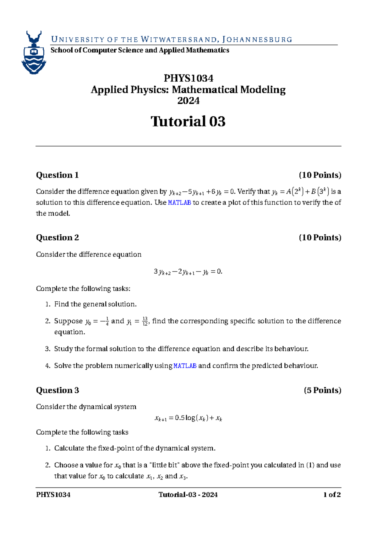 Tutorial 03 - Chapter 3 - U N I V E R S I T Y O F T H E W I T W A T E R ...