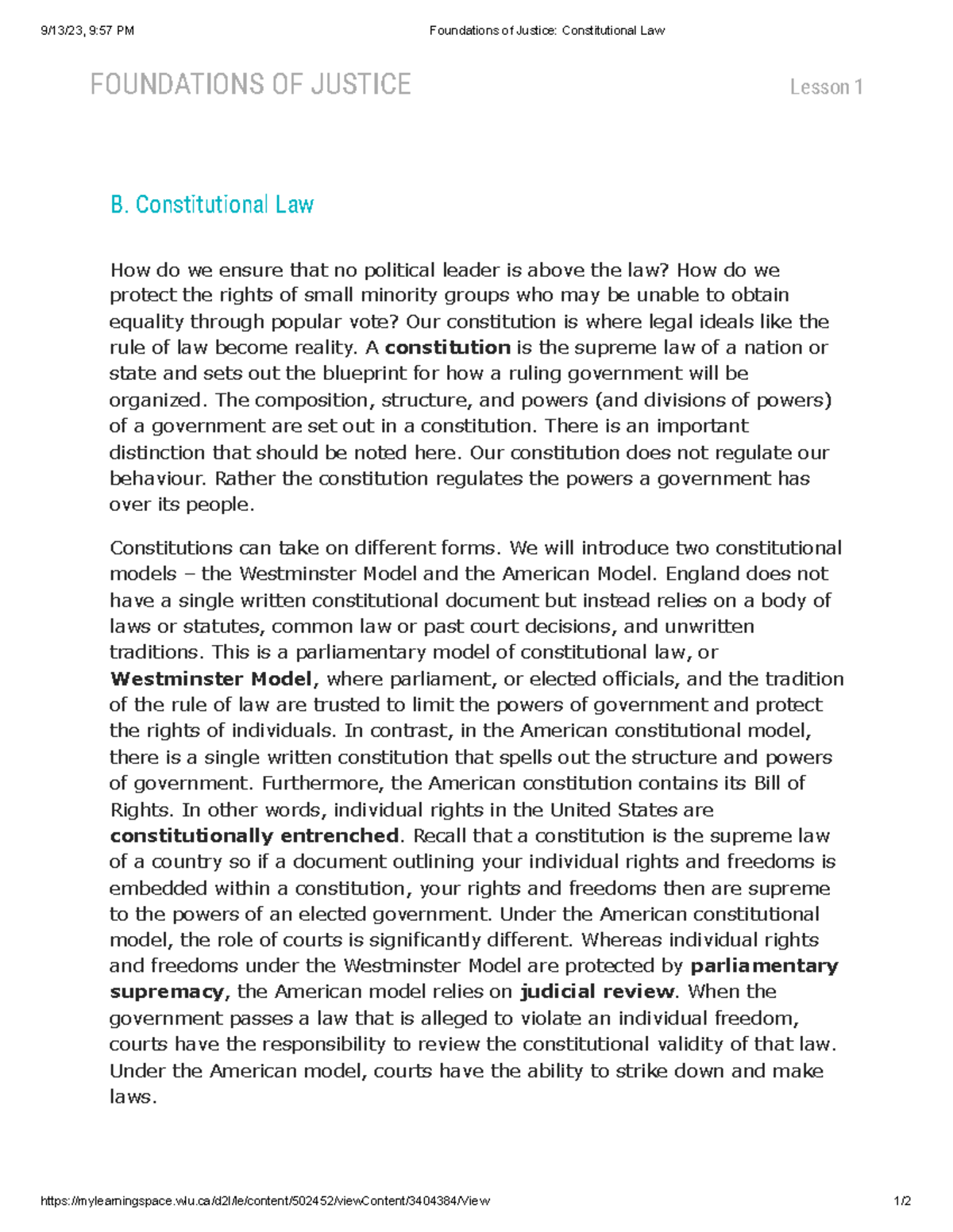 Foundations of Justice Constitutional Law - CC-102-OC1 - Intro to Crim ...