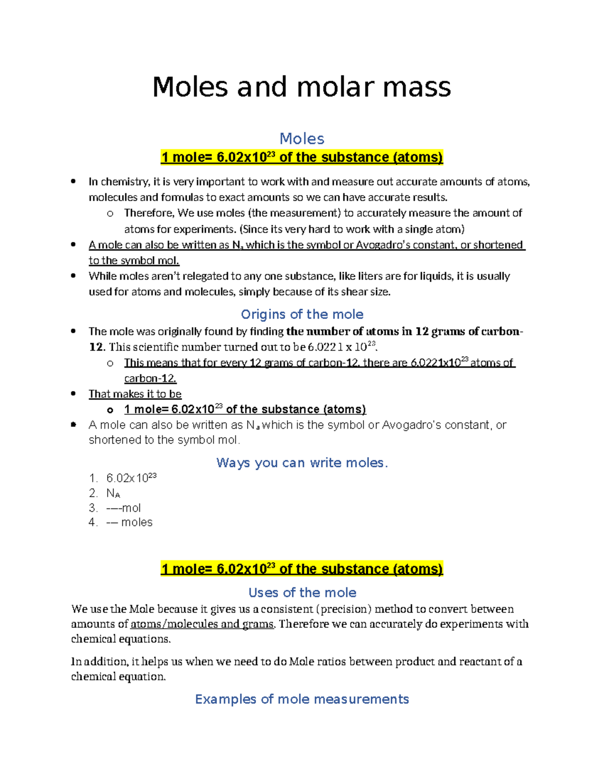 Moles and molar mass notes for chemistry 101 - Studocu