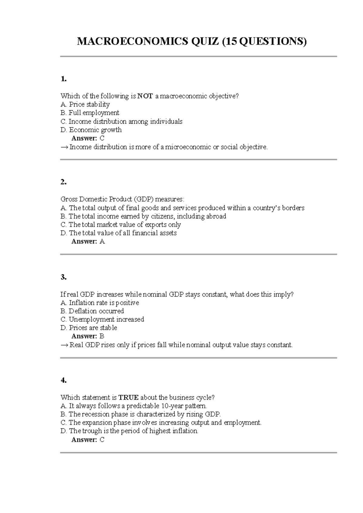 MACROECONOMICS QUIZ (15 QUESTIONS) - Key Concepts & Answers - Studocu