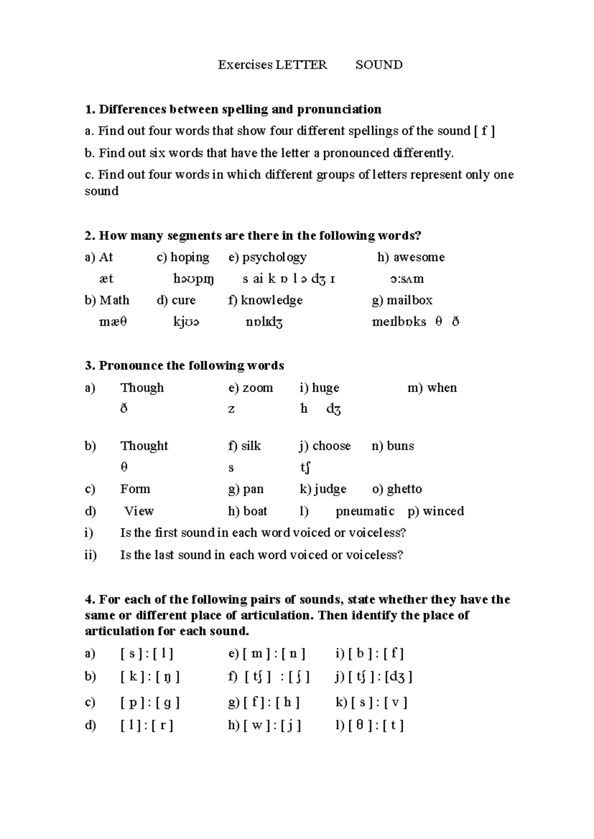Exercises on Letter Sounds and Phonetic Transcription (ENG 101) - Studocu