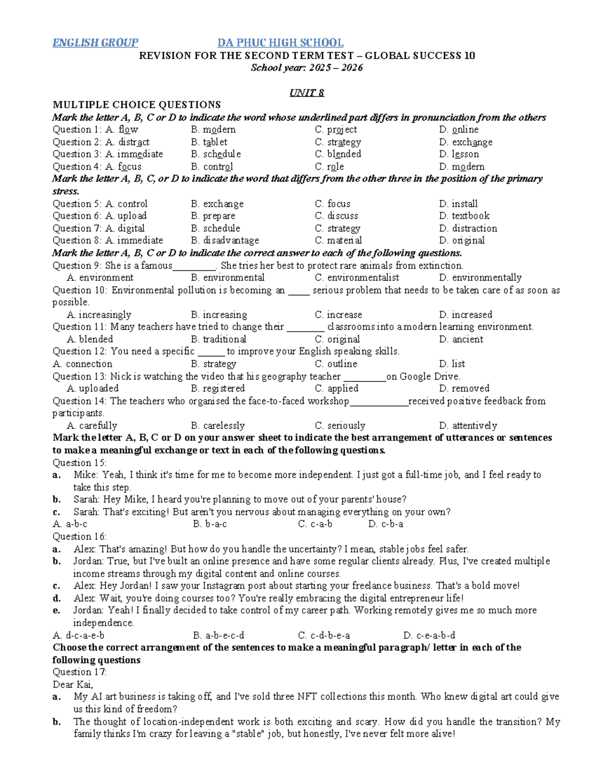 HS - GS 10 - Revision for the 2nd Term Test: Multiple Choice Questions ...