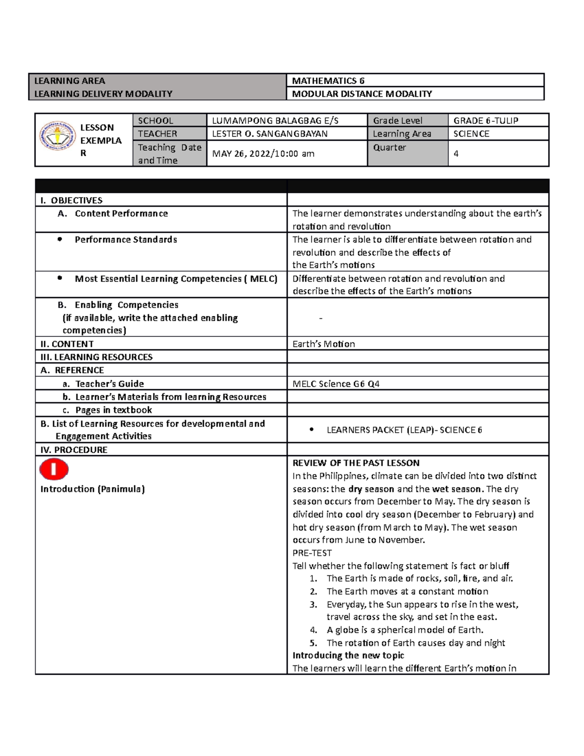 Pivot-4A - Lesson Exemplar on Earth's Motion for Grade 6 - COT-2 - Studocu