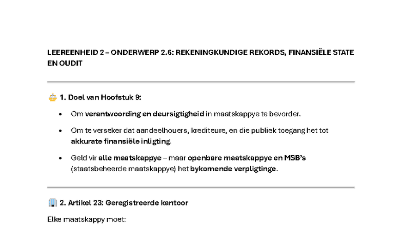 Leereenheid 2: Rekeningkundige Rekords, Finansiële State en Oudit 1 ...