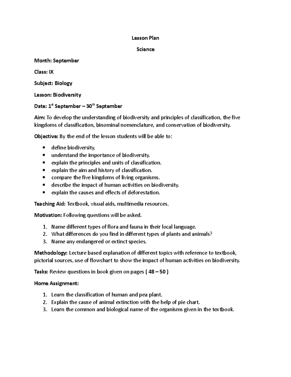 biodiversity lesson plan - Lesson Plan Science Month: September Class ...