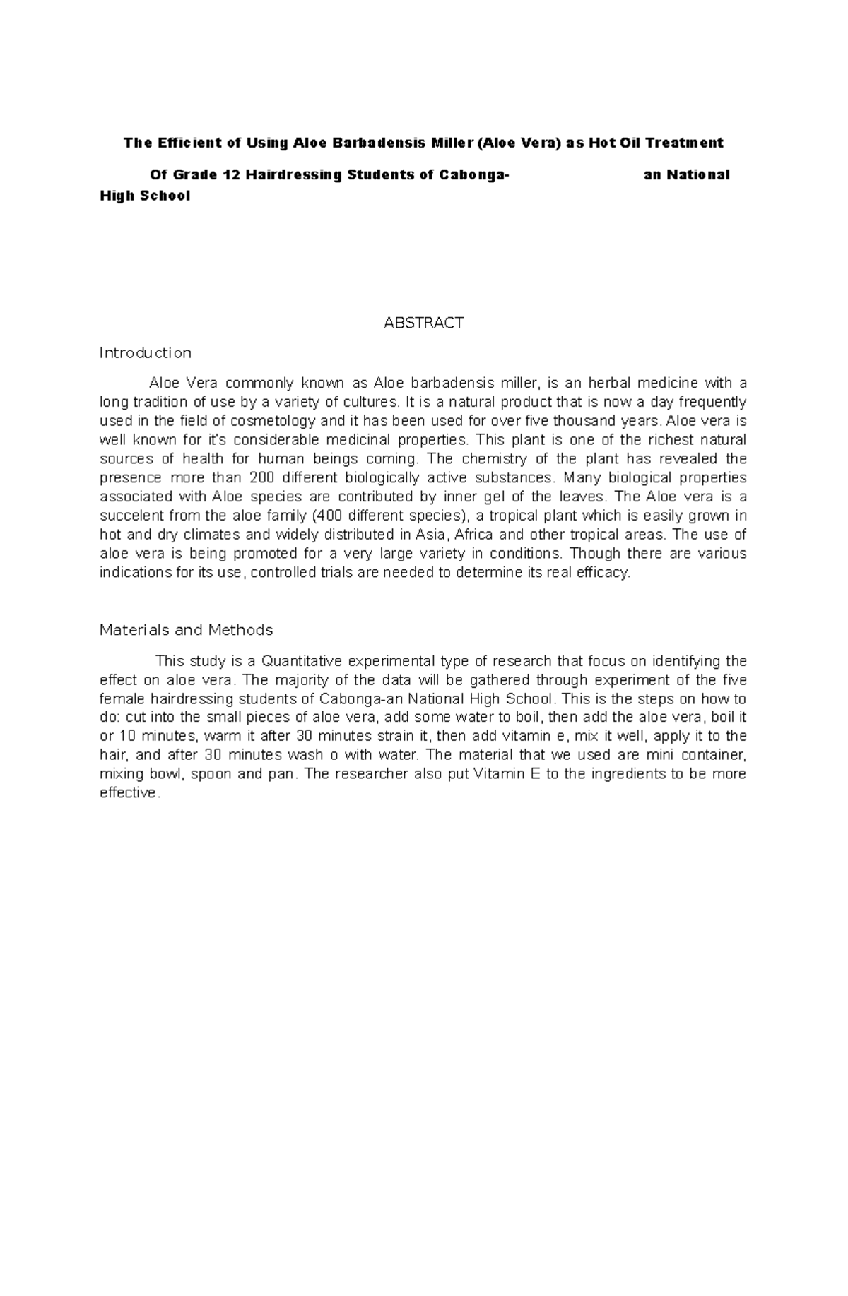 Research Project- Group 5 - The Efficient of Using Aloe Barbadensis ...