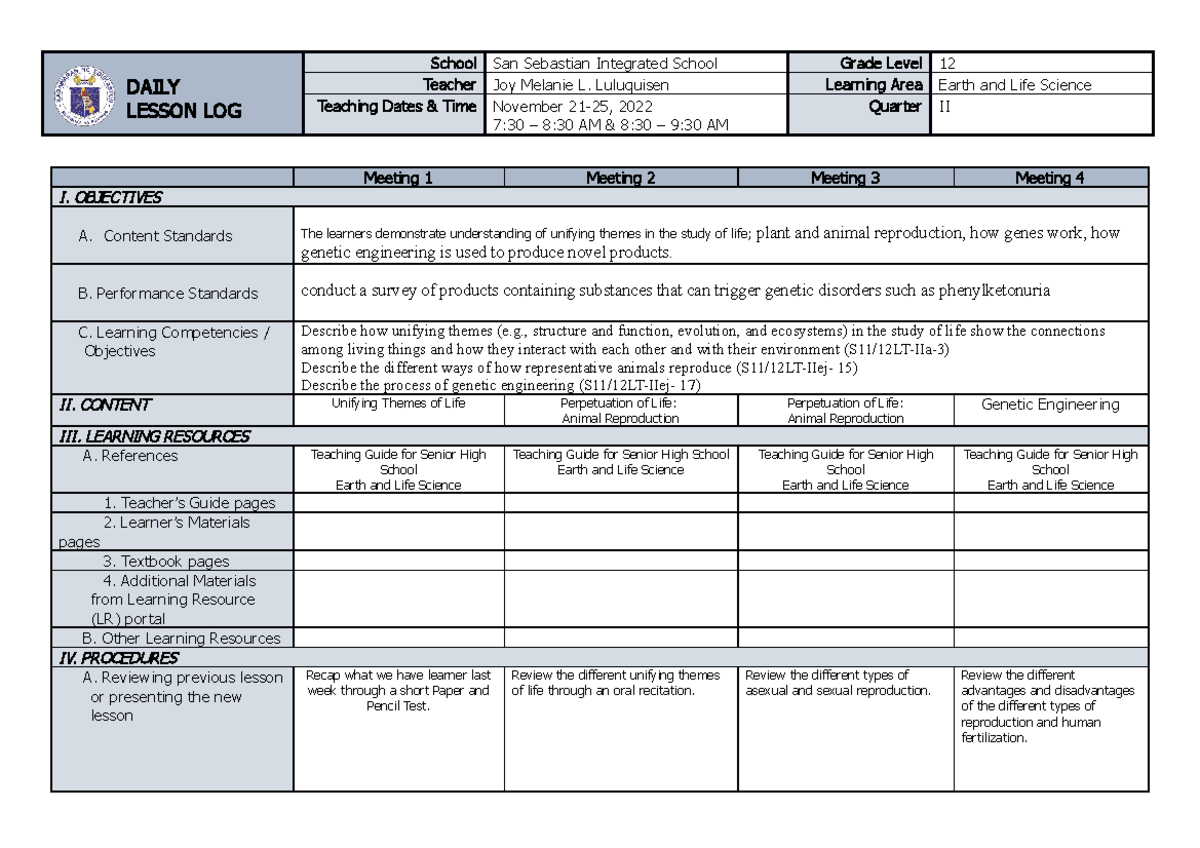DLL Q2 Wk2 Lesson Log on Earth and Life Science for Grade 12 - Studocu