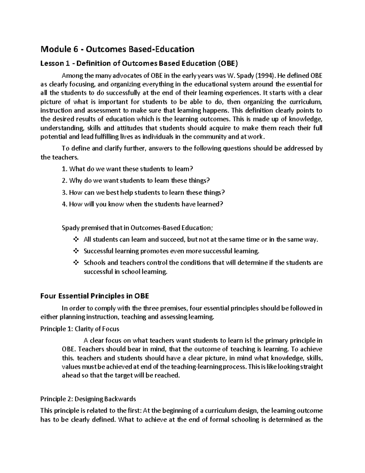 Module 6 - Lecture Notes on Outcomes-Based Education (OBE) Principles ...