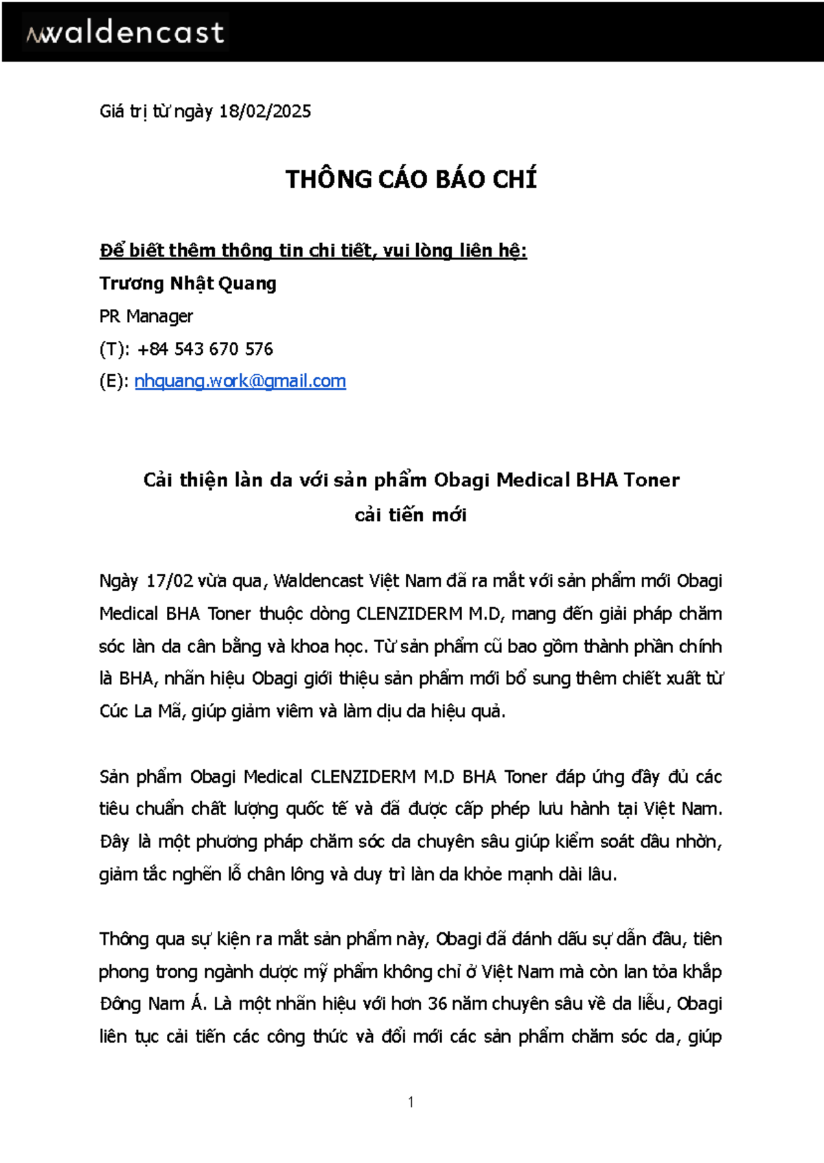 Thông cáo báo chí: Ra mắt sản phẩm Obagi Medical BHA Toner mới - Studocu