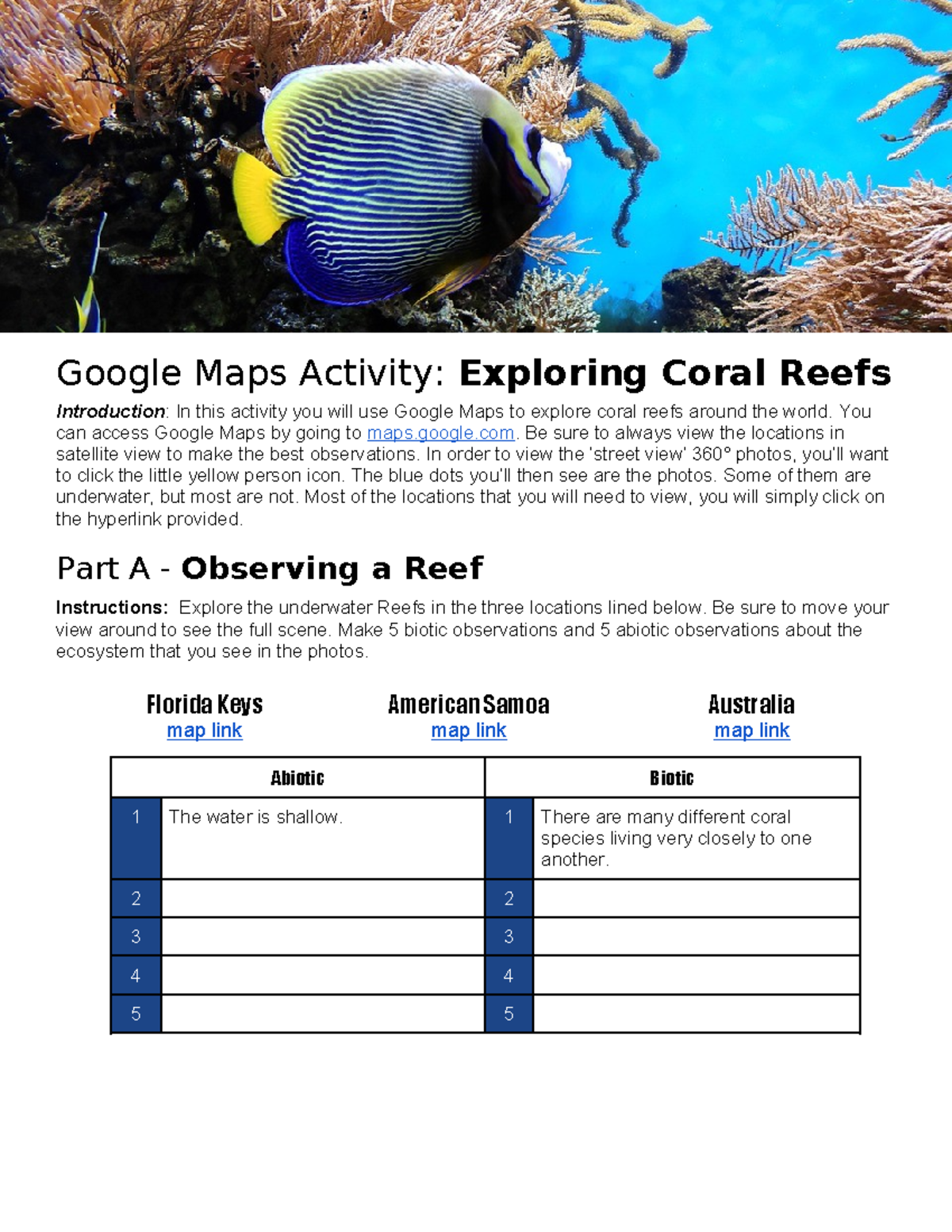 Google Maps Activity: Coral Reef Exploration and Observations - Studocu
