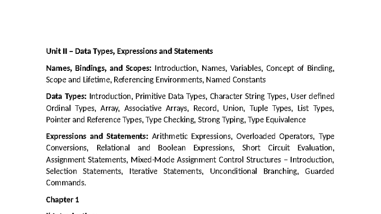 Unit II: Data Types, Expressions & Statements in PPL-222 - Studocu