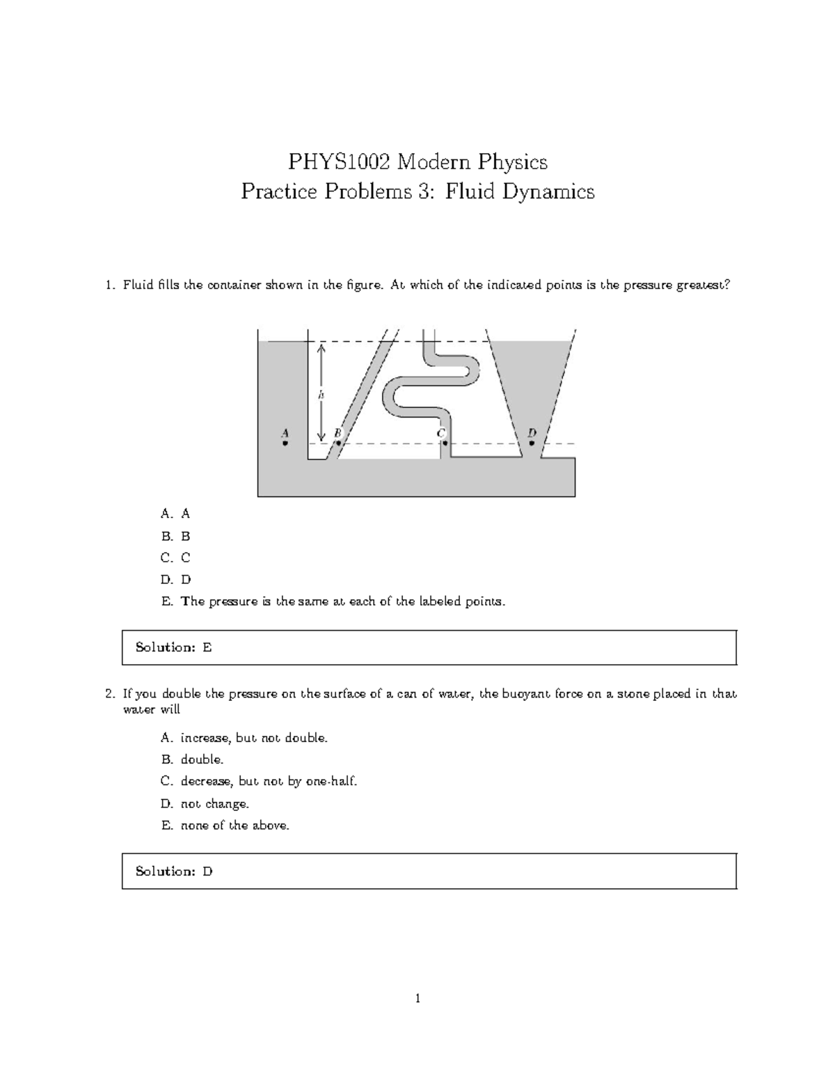 PHYS1002 Practice Problems 03: Fluid Dynamics Solutions - Studocu
