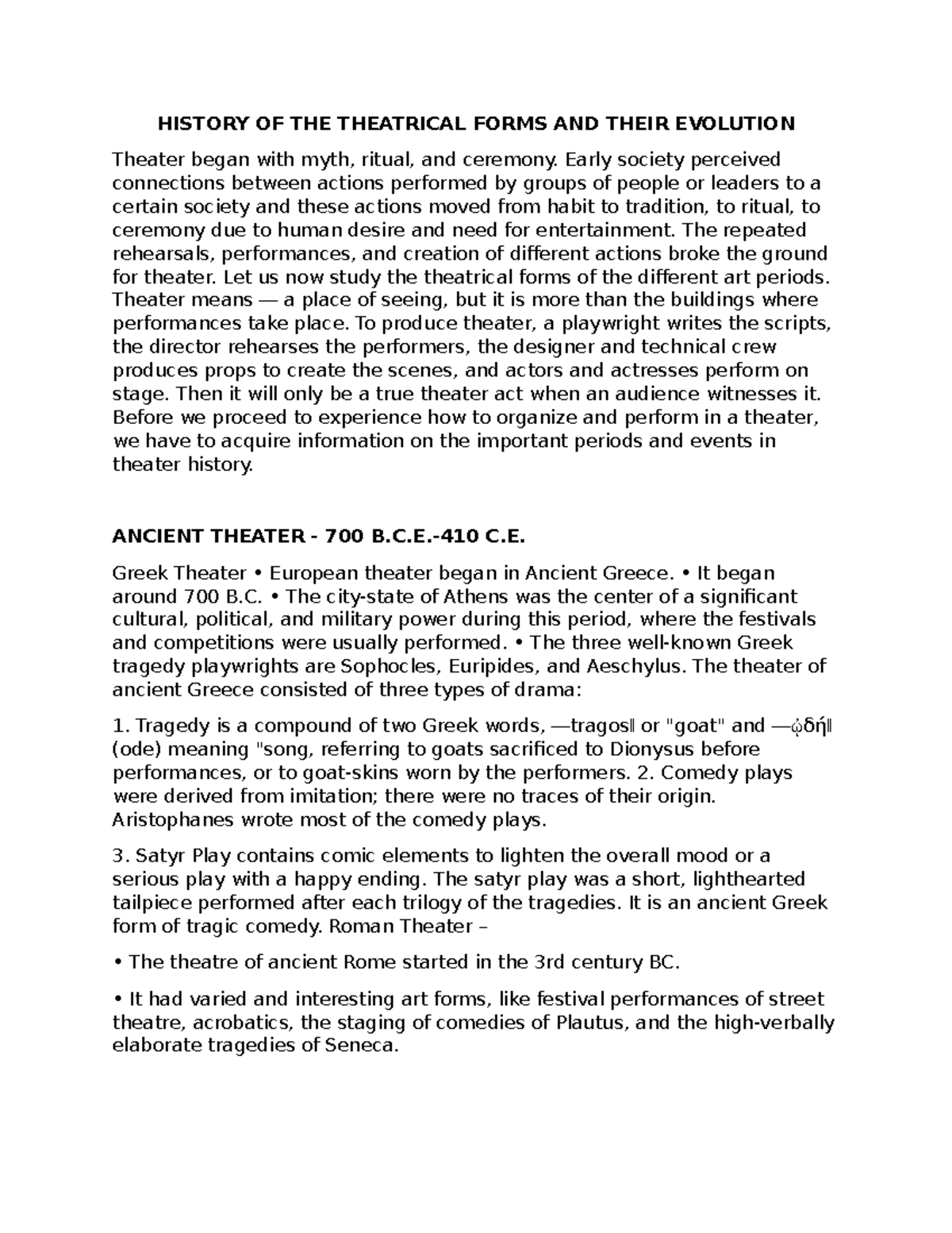 ARTS - History of Theatrical Forms and Their Evolution - Studocu