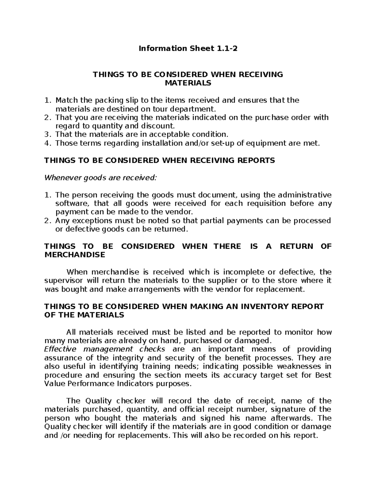 1.1-2 Things TO BE Considered WHEN Receiving Materials - Information ...