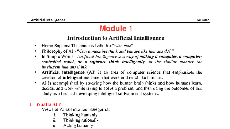 Artificial Intelligence BAD402 Module 1: Intro to AI Concepts and ...