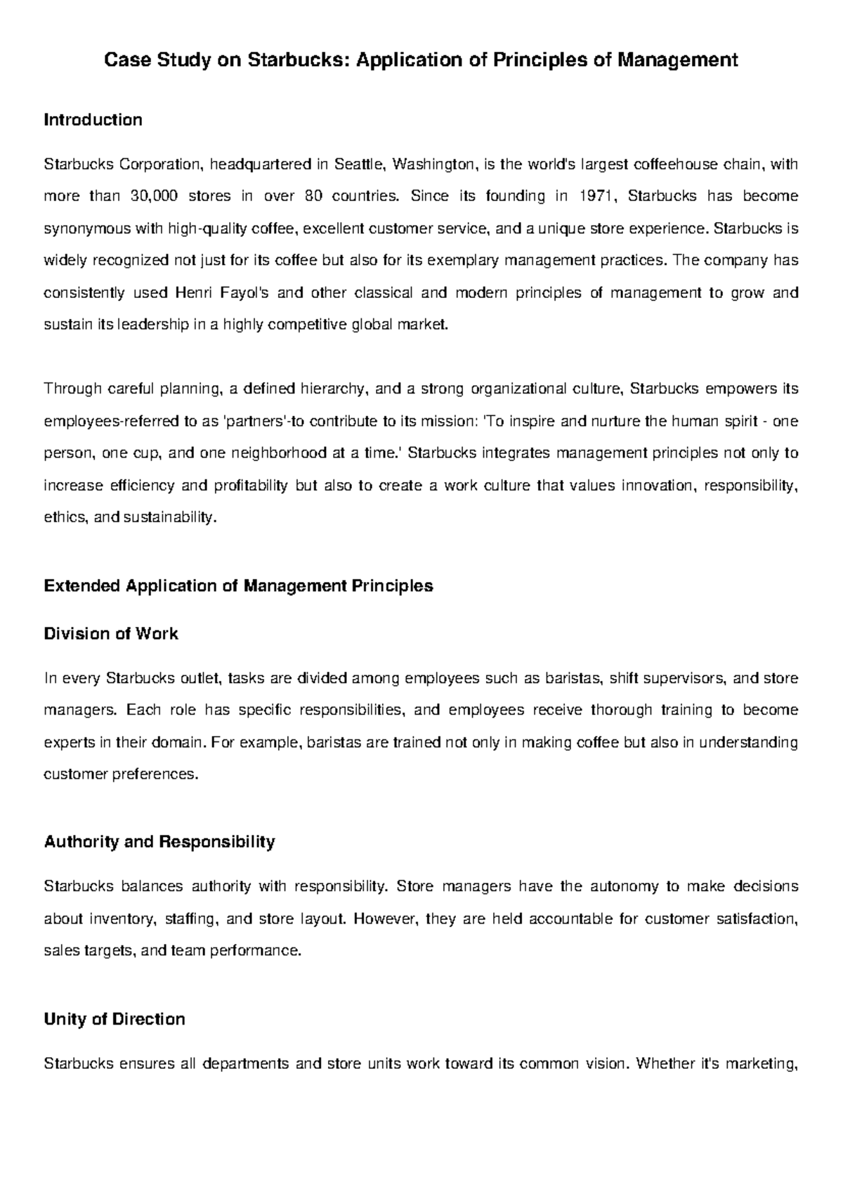 Case Study on Starbucks: Management Principles Application - Studocu