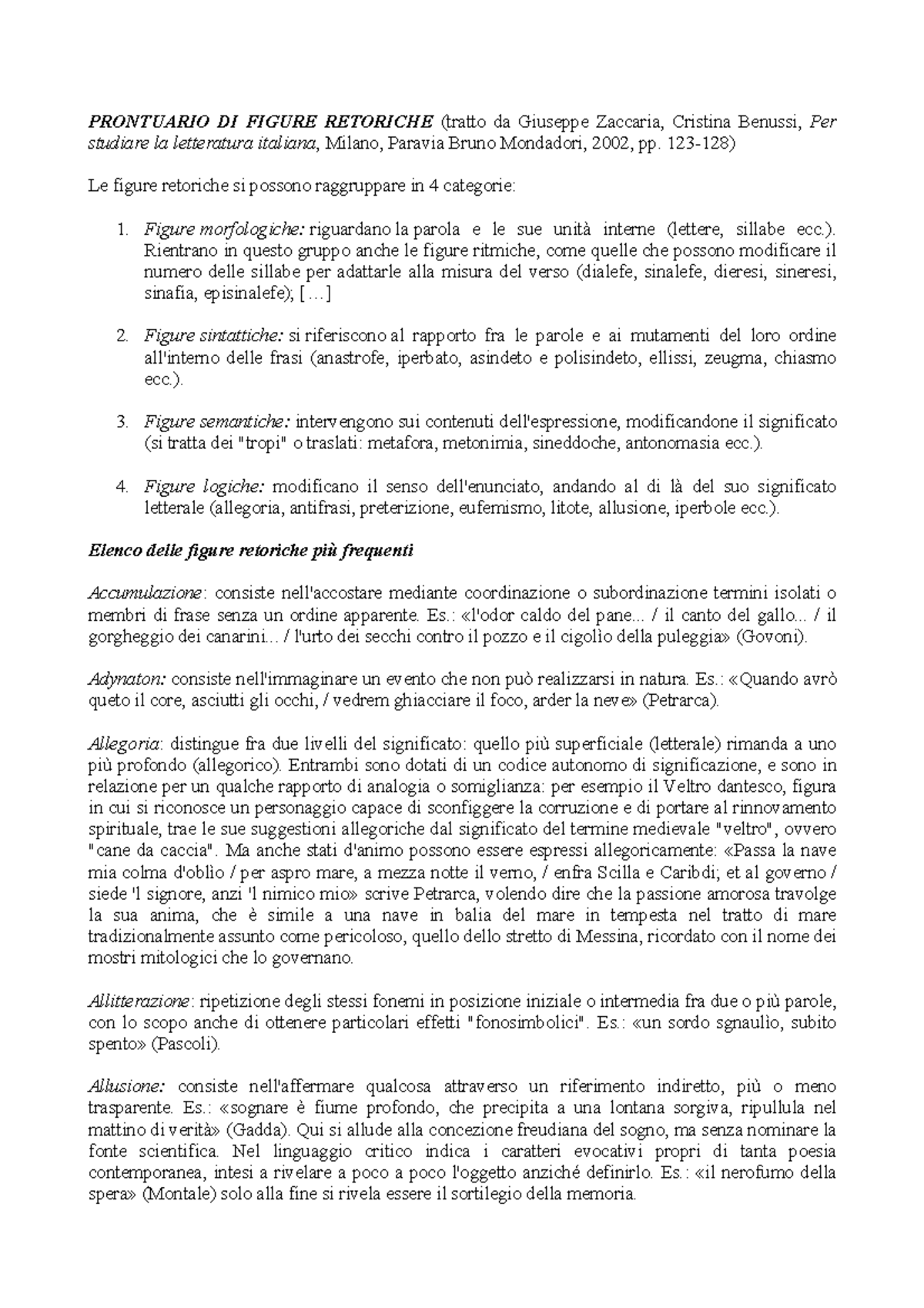 Figure Retoriche sintesi - PRONTUARIO DI FIGURE RETORICHE (tratto da ...