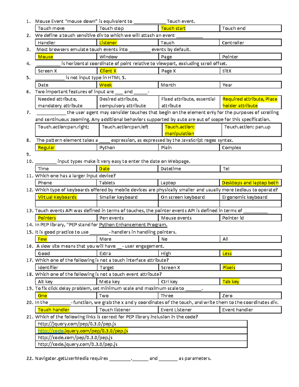 Cs420 - Essential MCQs & Answers on Touch Events and Input Types - Studocu