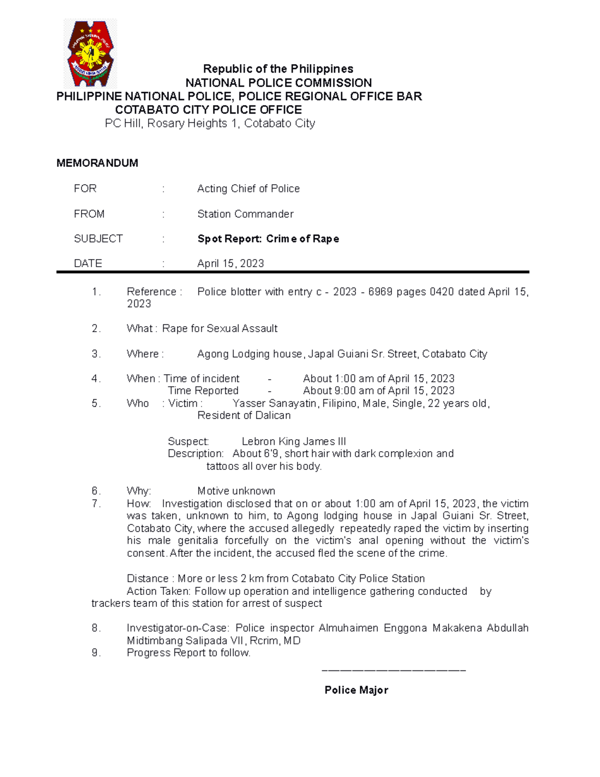 CDI8-Spot Report: Crime of Rape - Cotabato City Incident - Studocu