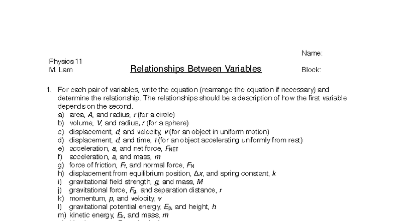 Physics 11 M. Lam: Relationships Between Variables and Changes - Studocu
