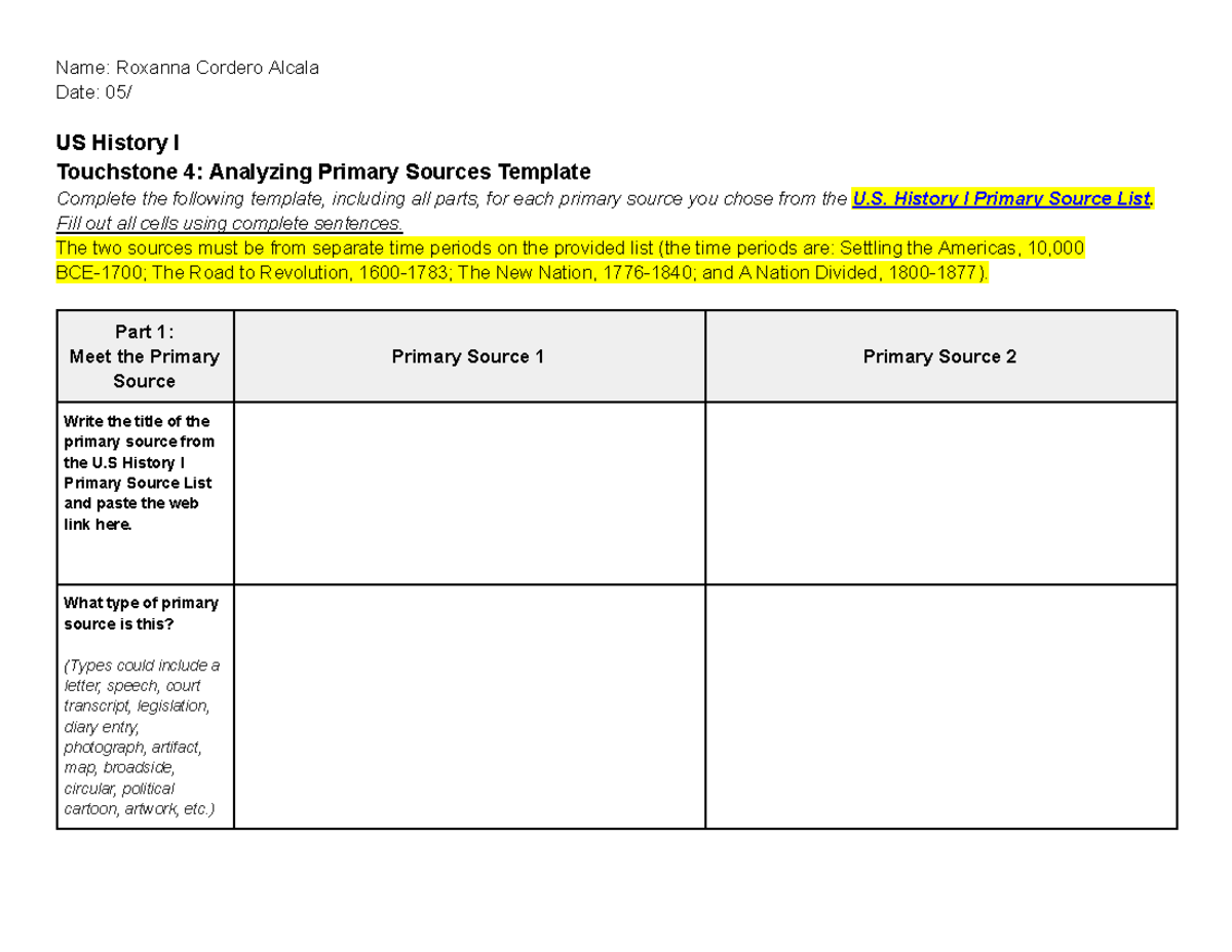 US History I Touchstone 4: Analyzing Primary Sources Template - Studocu