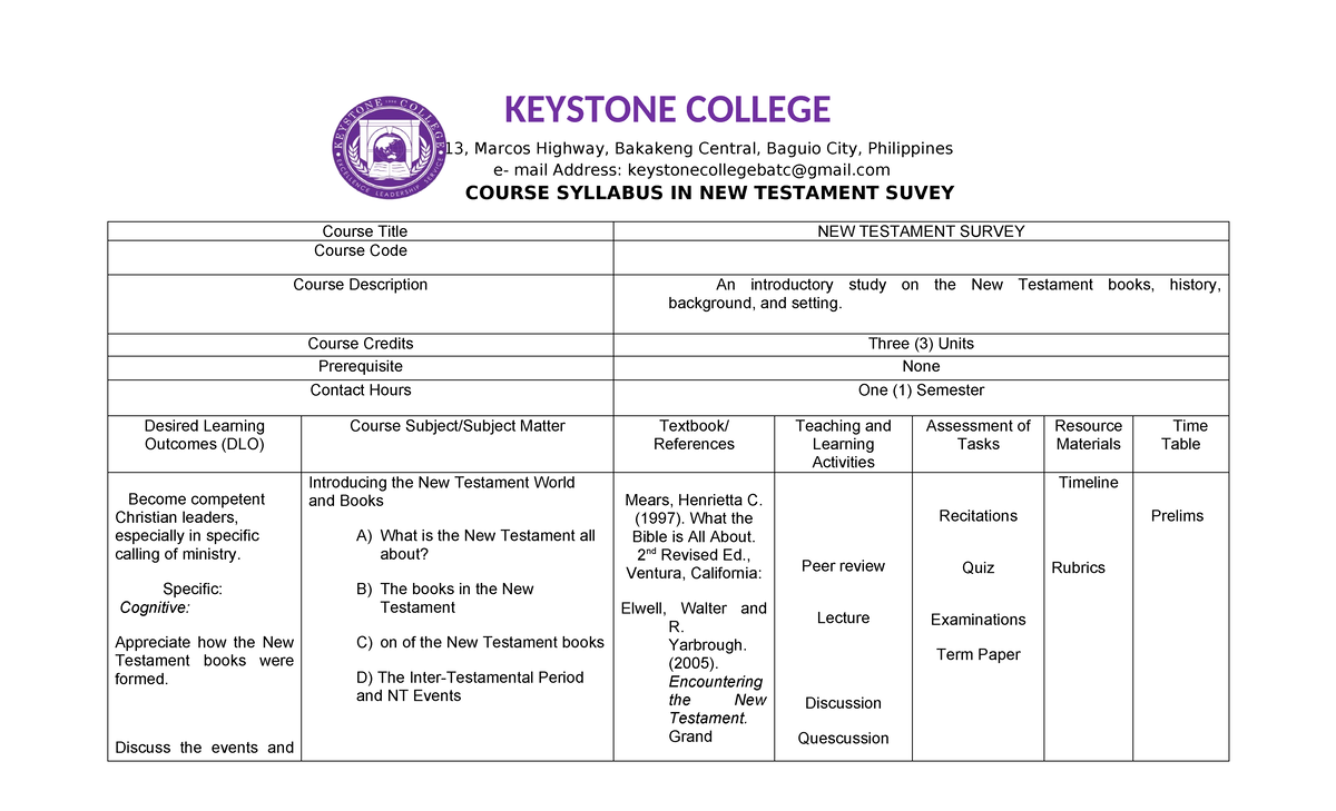 New Testament Survey (Course Code: NT101) - Course Syllabus Overview ...