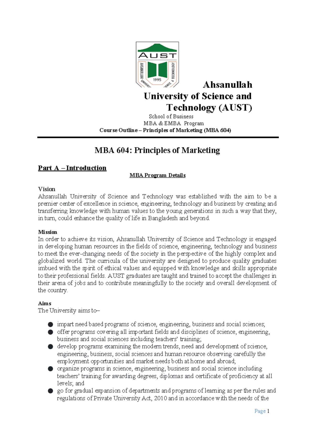MBA 604 Course Outline: Principles of Marketing Overview and Details ...