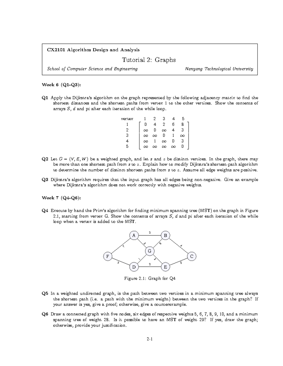 Tutorial 2 - CX2101 Algorithm Design and Analysis Tutorial 2: Graphs School of Computer Science ...