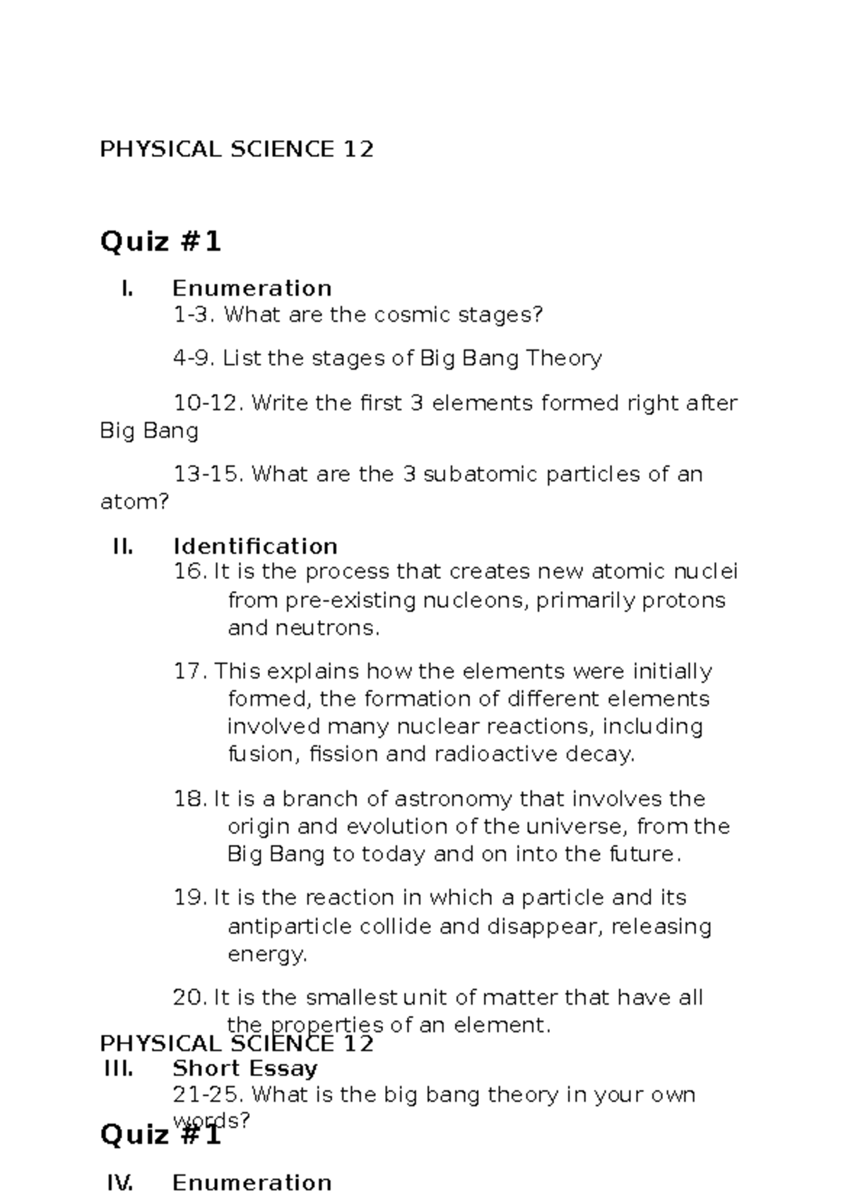 Lesson 2 in Physical Science - PHYSICAL SCIENCE 12 Quiz I. Enumeration ...