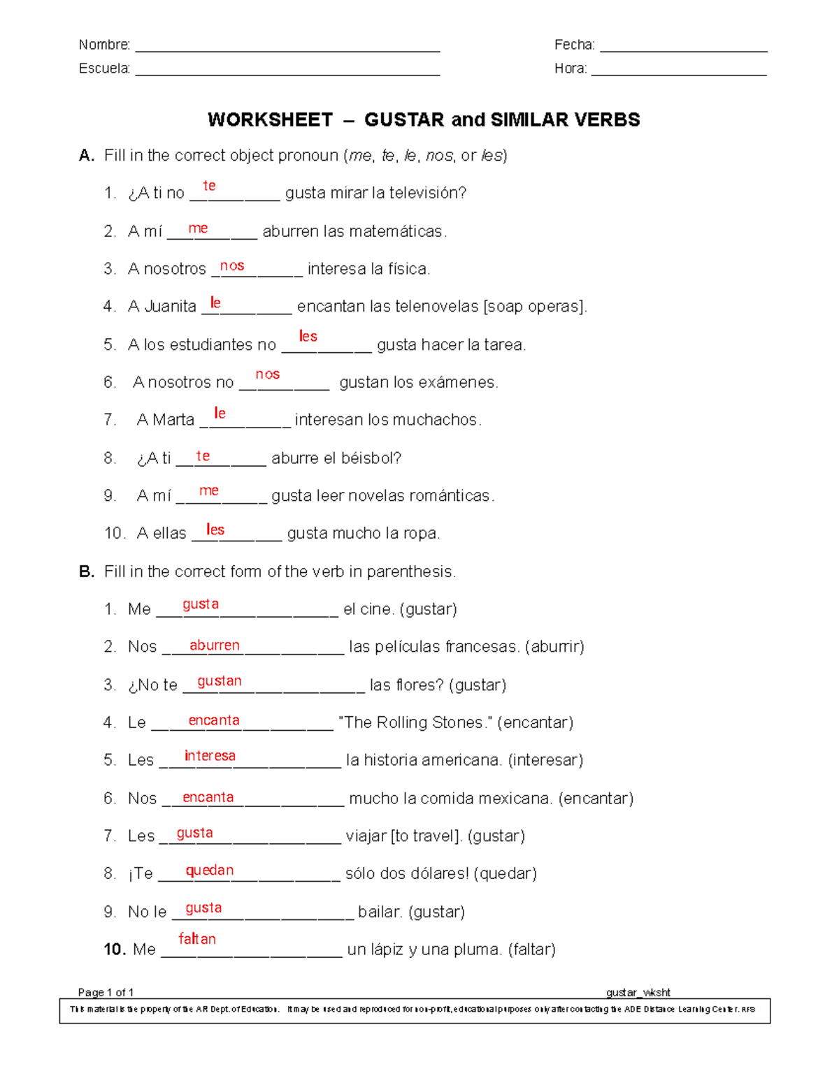 Verbs Like Gustar Worksheet 1 - Spanish Grammar Practice - Studocu