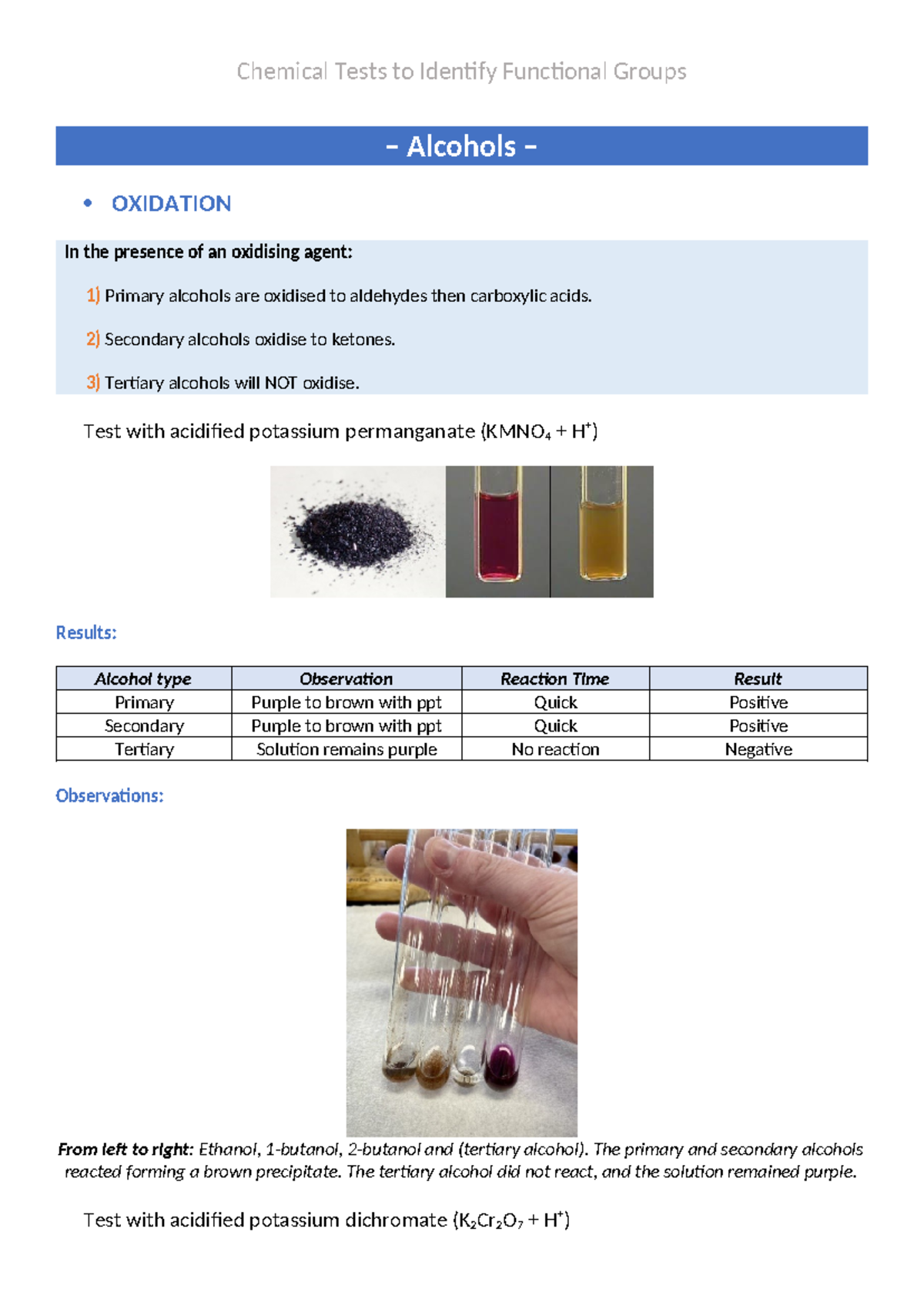 Chemical Tests for Identifying Organic Compounds in Alcohols and ...