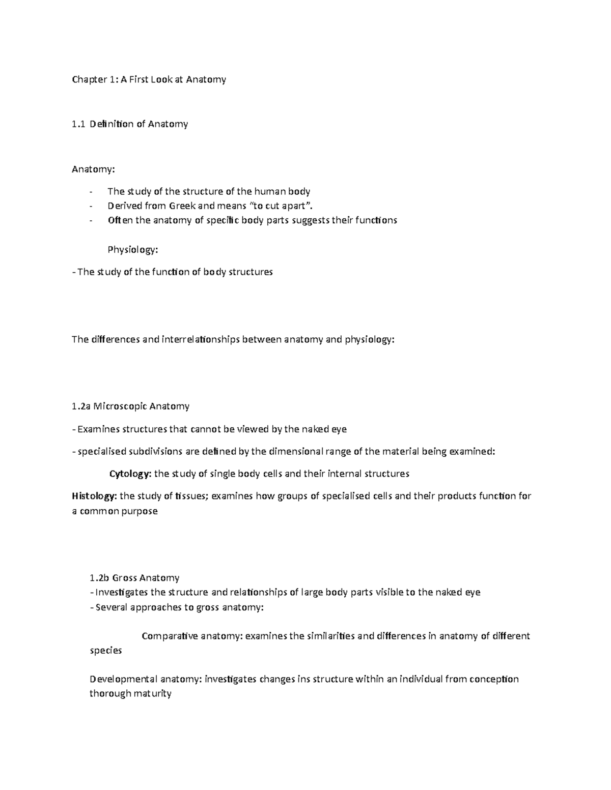 Chapter 1 - Intro to human body notes - Chapter 1: A First Look at ...