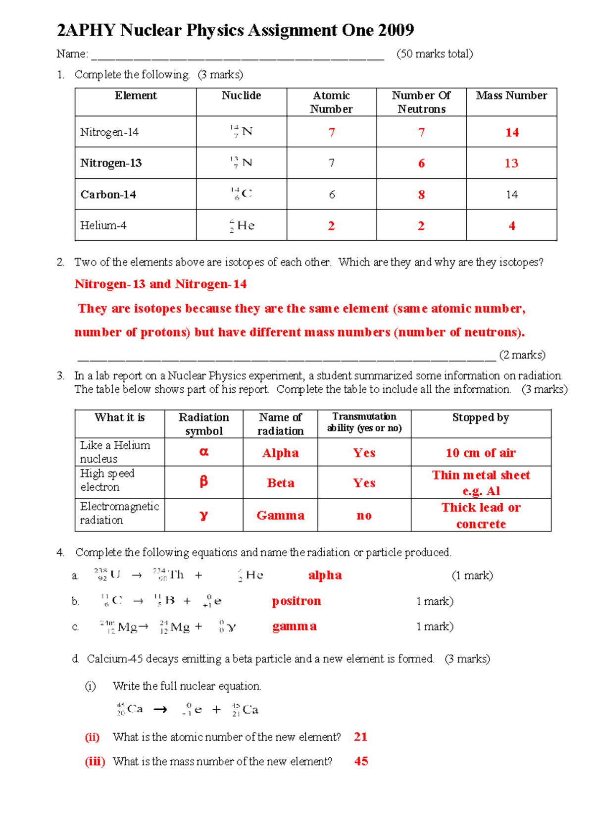 2APHY Nuclear Physics Mid Unit Assignment One Answers 2009 - Studocu
