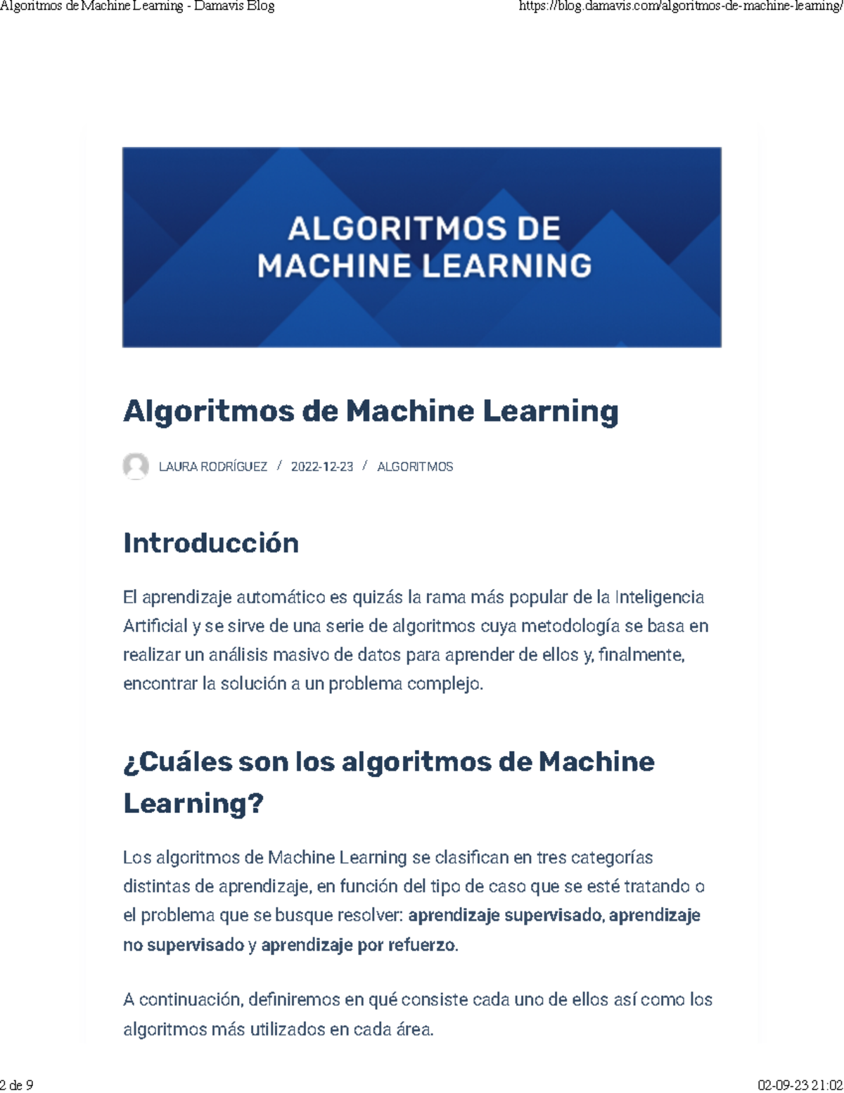 Resumen de Algoritmos de Machine Learning - ALGORITMOS 2022 - Studocu