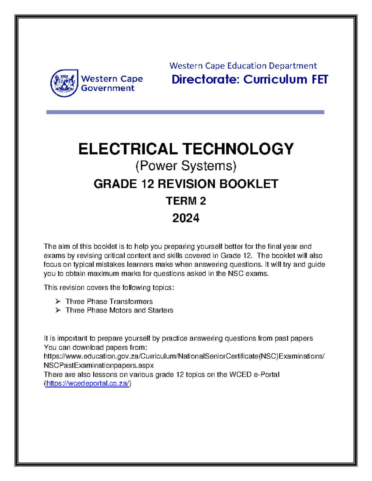 Grade 12 Electrical Technology Power Systems Revision Booklet Term 2 ...