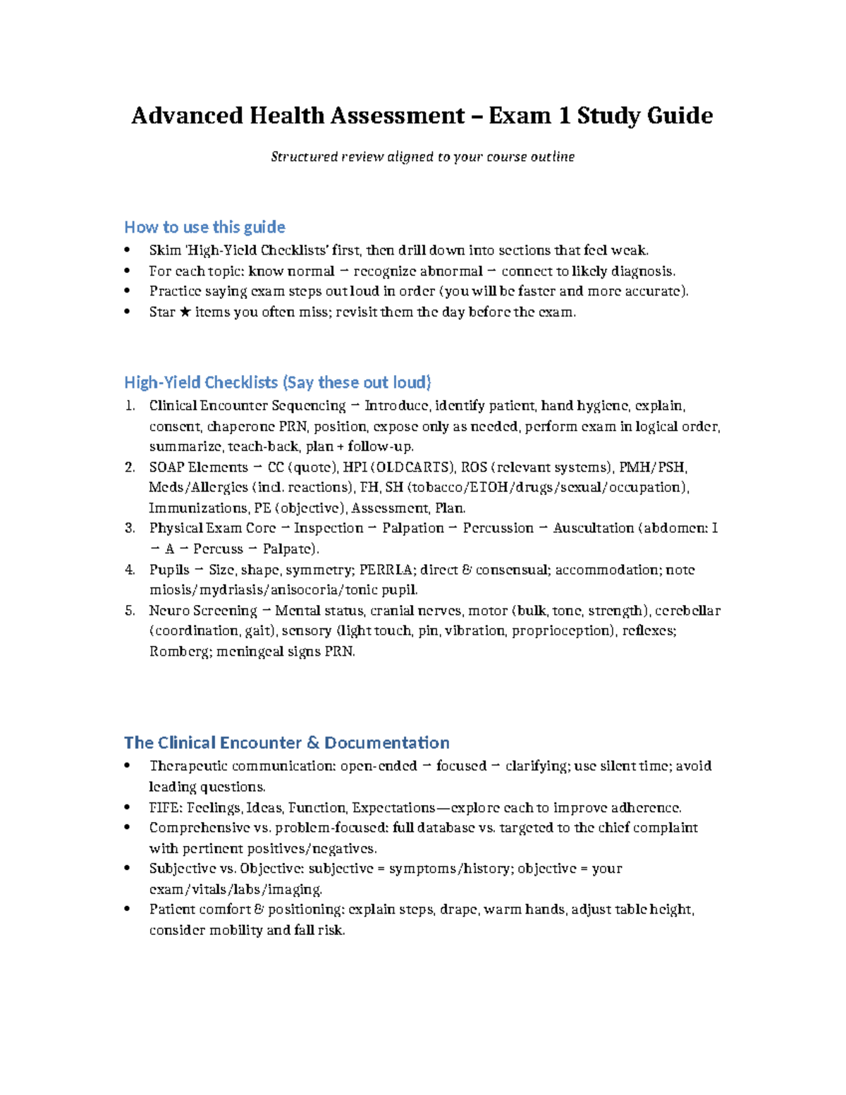 Advanced Health Assessment Exam 1 Study Guide: Key Concepts ...