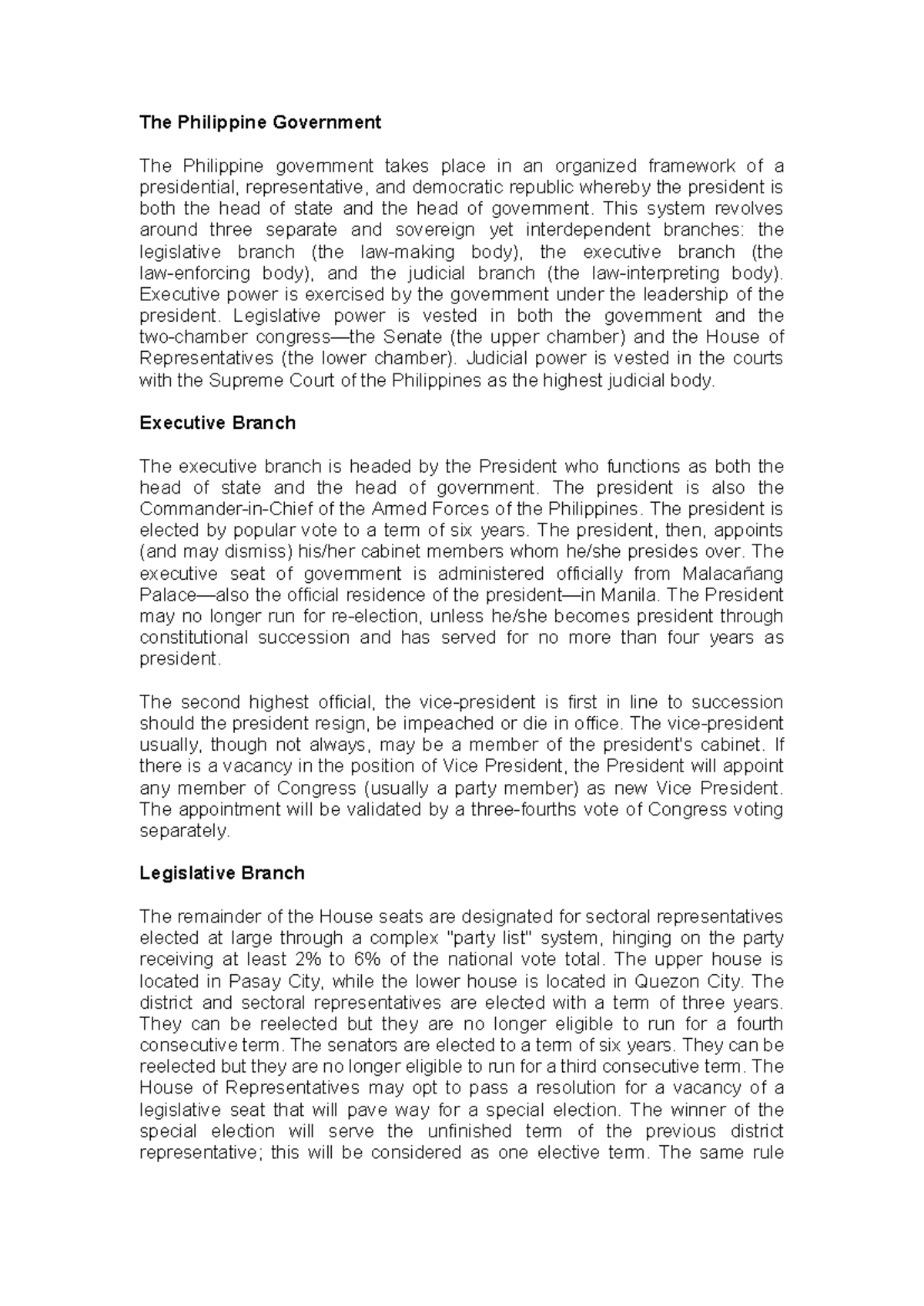 Branches of Government and their Responsibilities - The Philippine ...